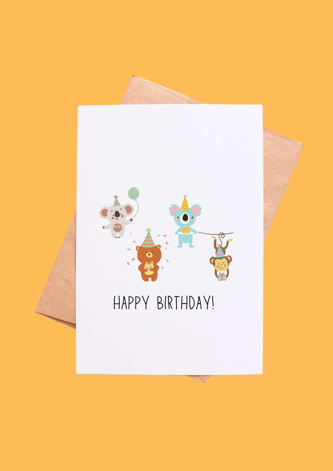 Cute Animal Happy Birthday Card, Handmade Birthday Card, Animal Design ...
