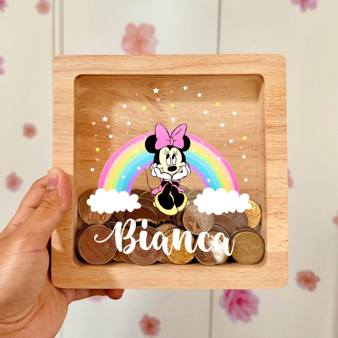 Personalized Minnie Mouse Money Box – Engraved Wooden Piggy Bank, Kids ...