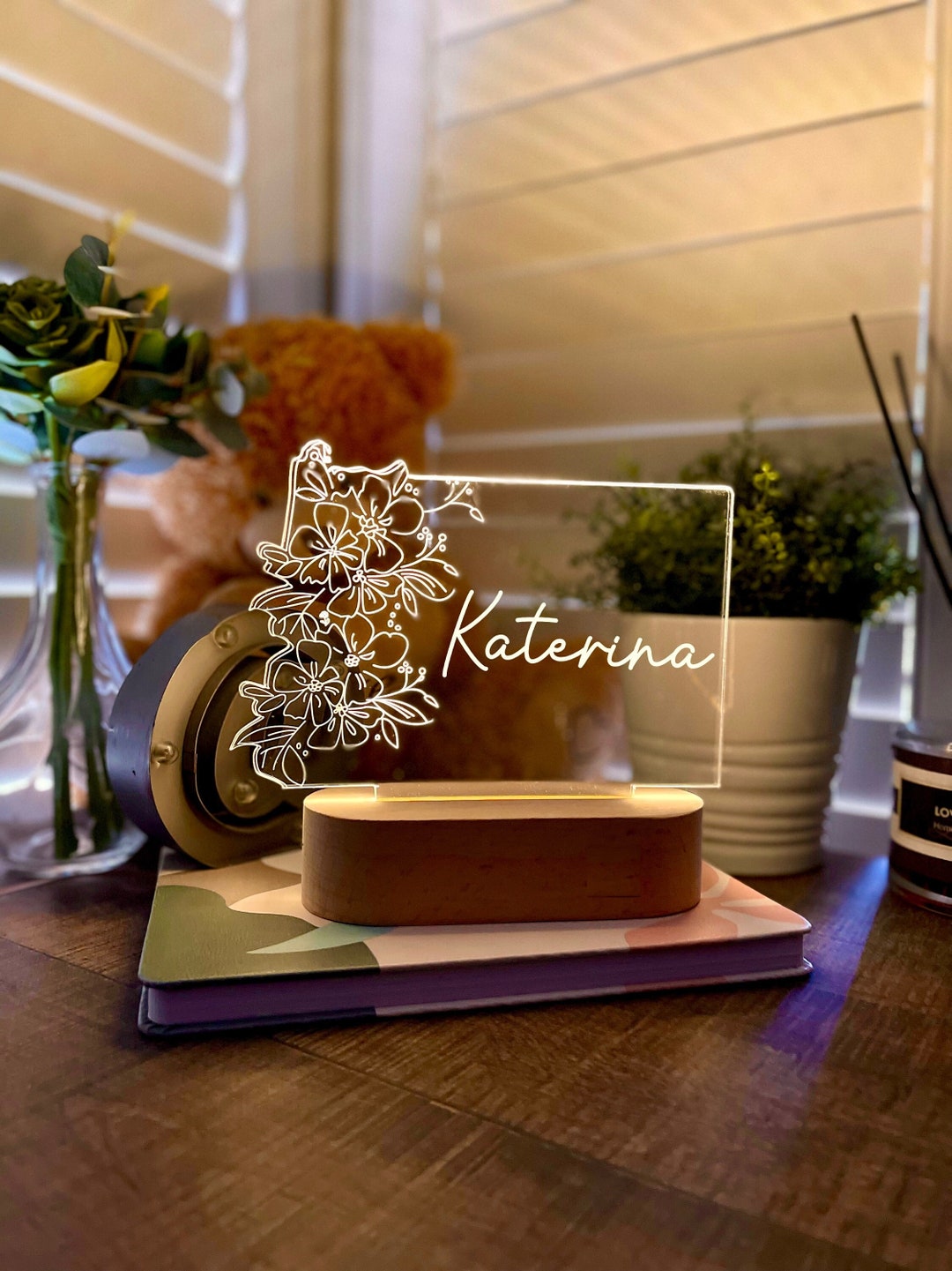Personalised FLOWERS Night Light Custom Name Gift Set Birthday ...