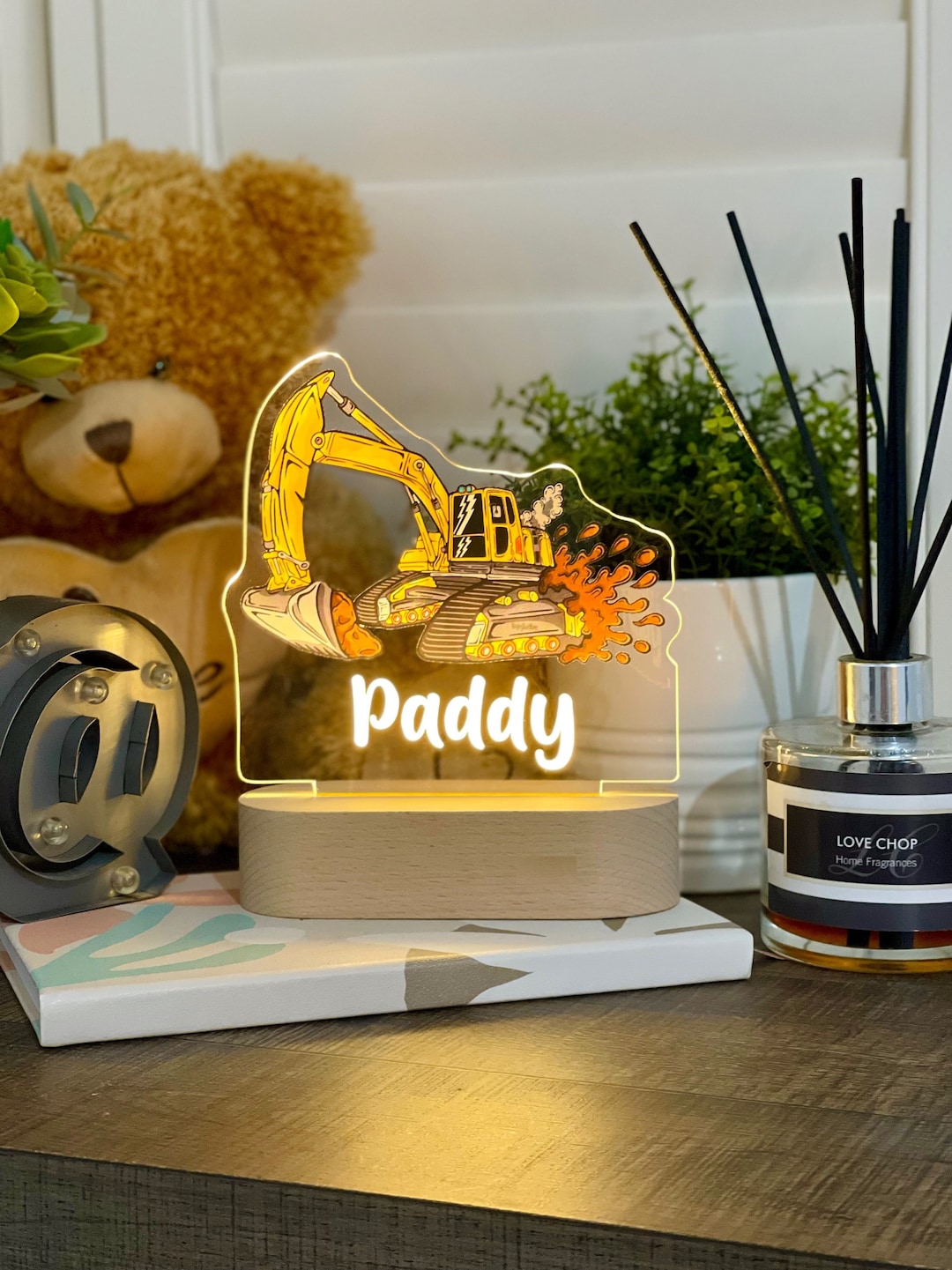 Personalised EXCAVATOR DIGGER Night Light - Custom Name Gift Set ...