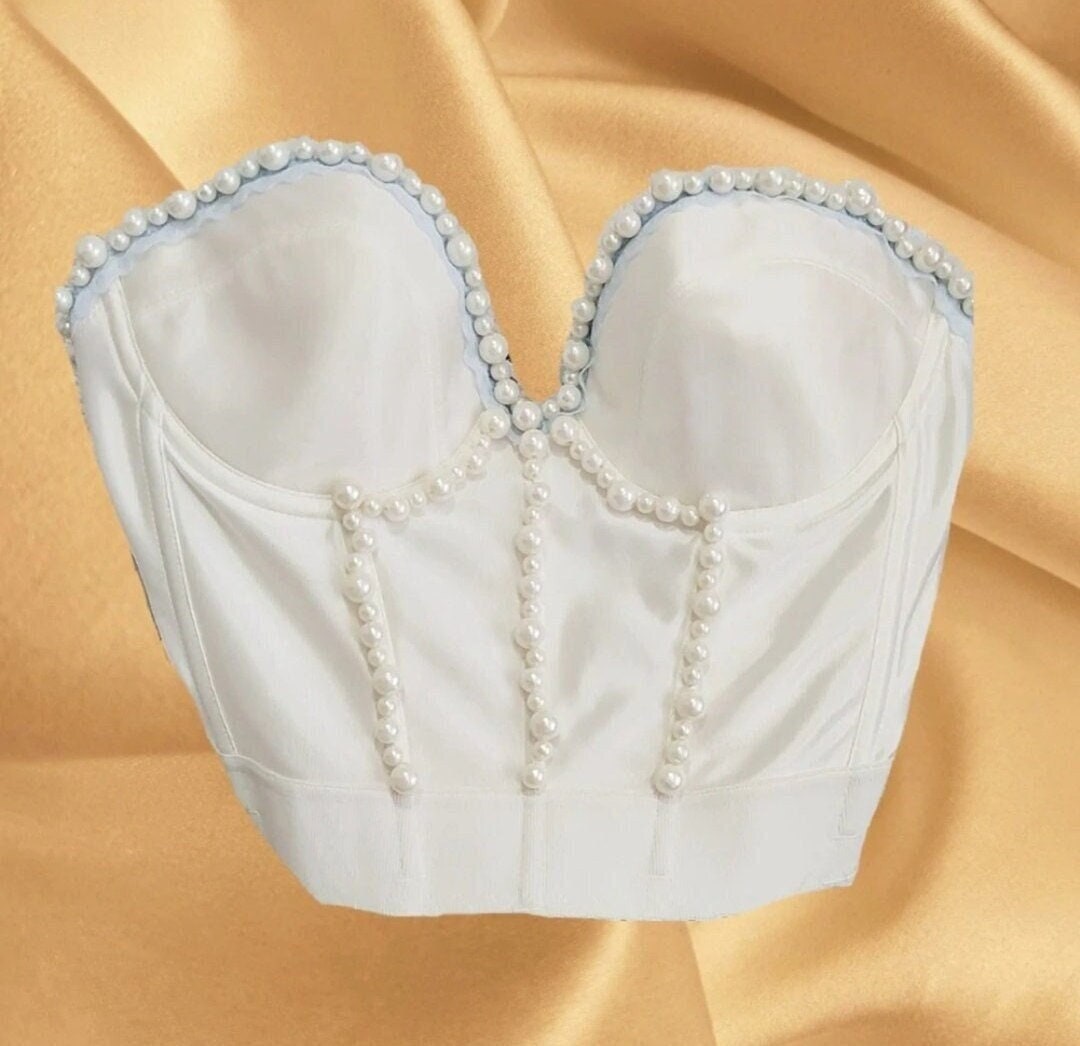 White Vintage Satin Bustier Corset With Pearl Detailing - Etsy