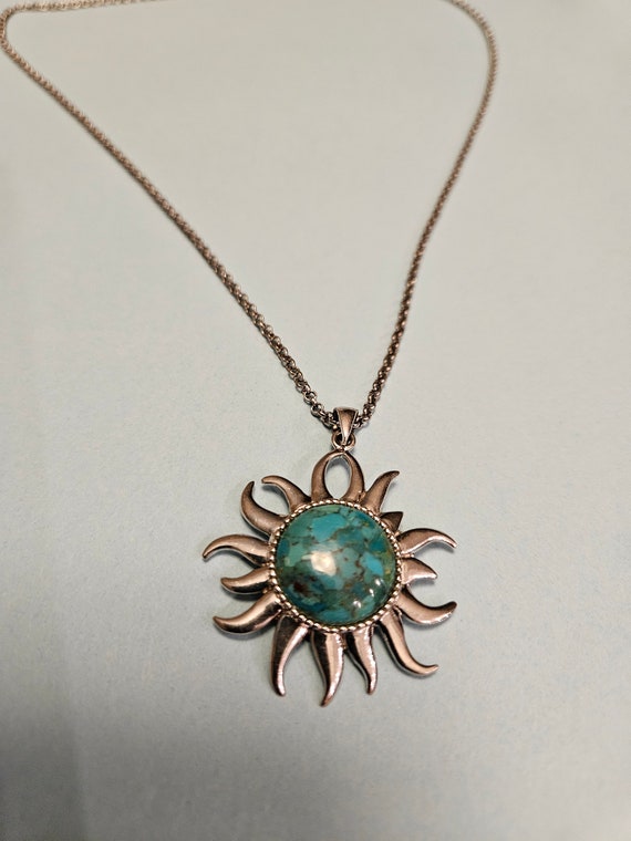 Turquoise Sun and Sterling Silver Pendant Necklace - Gem