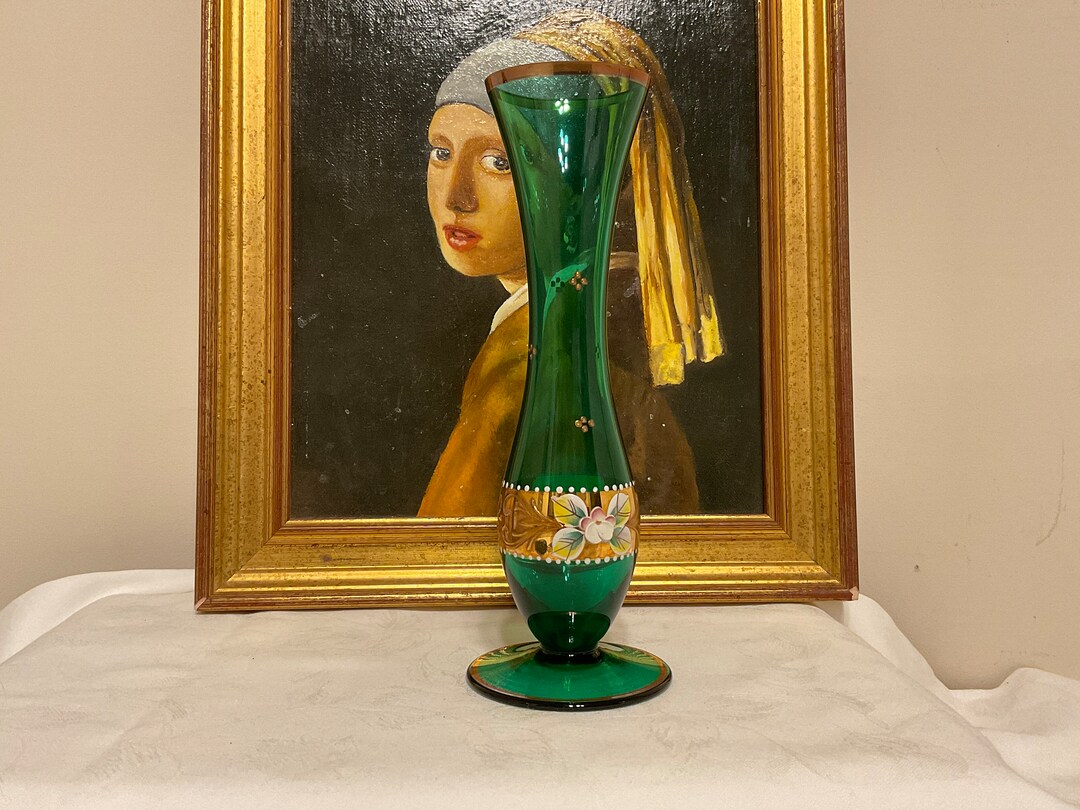 Vintage Emerald Green and Gold Bud Vase, Hand Crafted, Delicate Fine ...