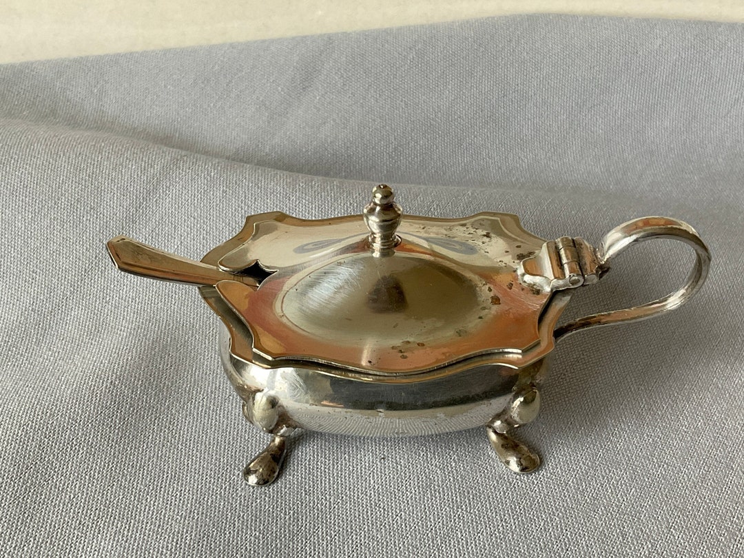 Exquisite Vintage English Silver Plated Lidded Mustard Pot With Blue ...
