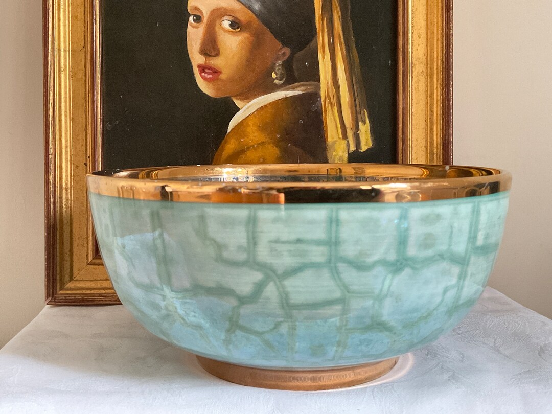 Mid Century Turquoise Crackle Glazed Bowl, Gold Lusterware, Signed ...