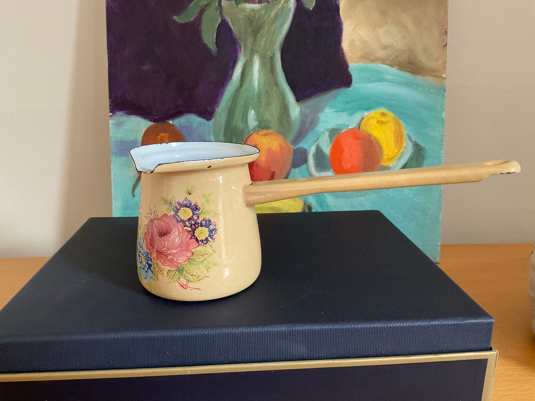 Vintage Enamel Long Handled Measuring Cup, Yugoslavia Floral Measuring ...