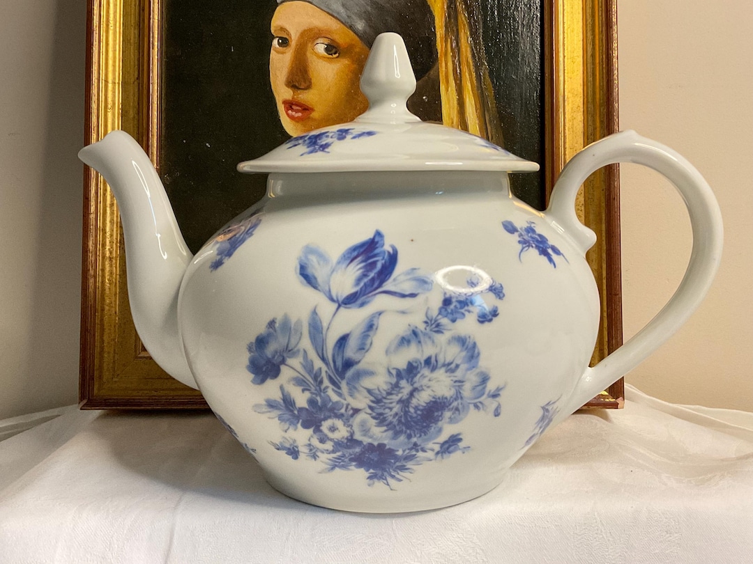 Vintage Blue and White Floral Family French Apilco Teapot, Country ...