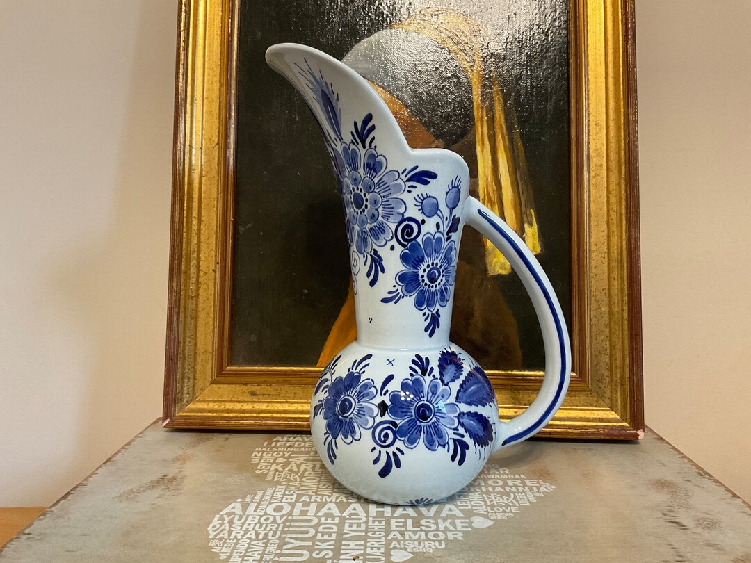 Decorative Vintage Delft Jug, Collectible Elegant Blue and White Floral ...