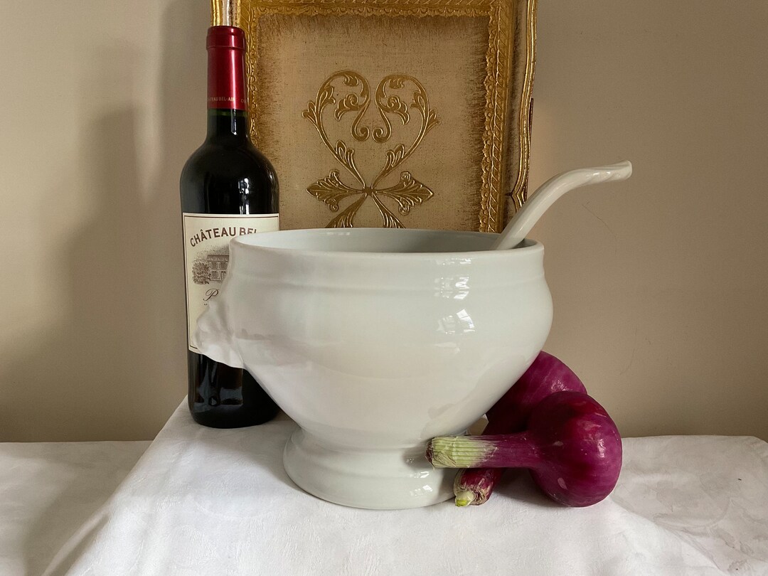 Vintage Apilco Large White Porcelain Lion Head Soup Tureen, Ladle, Six ...