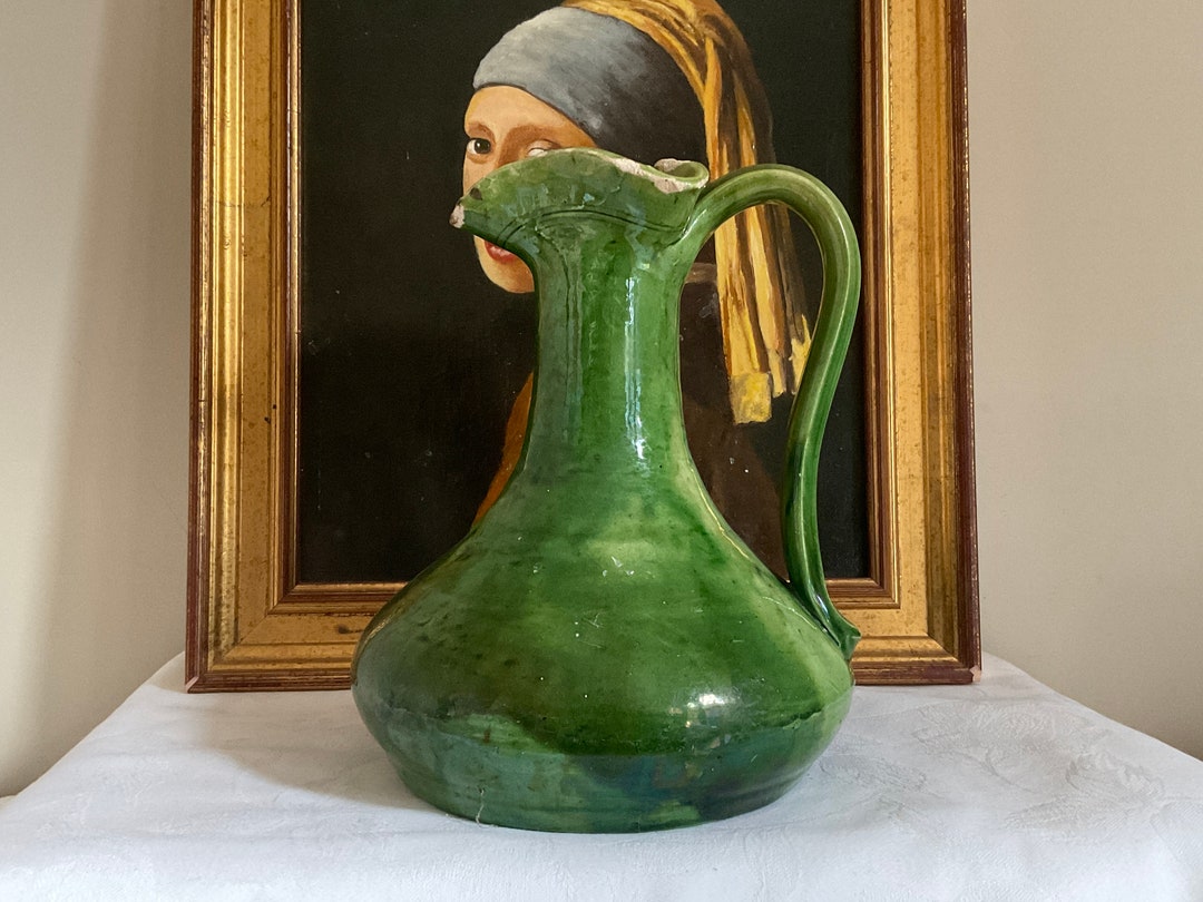 Striking Dark Green Antique Decorative Earthenware Glazed Jug ...