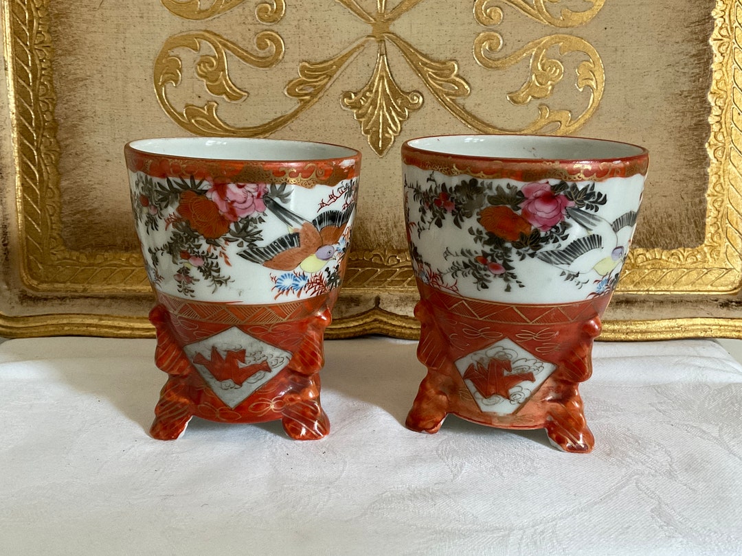 Antique Ornamental Japanese Decorative Cups, Kutani Taisho Footed ...
