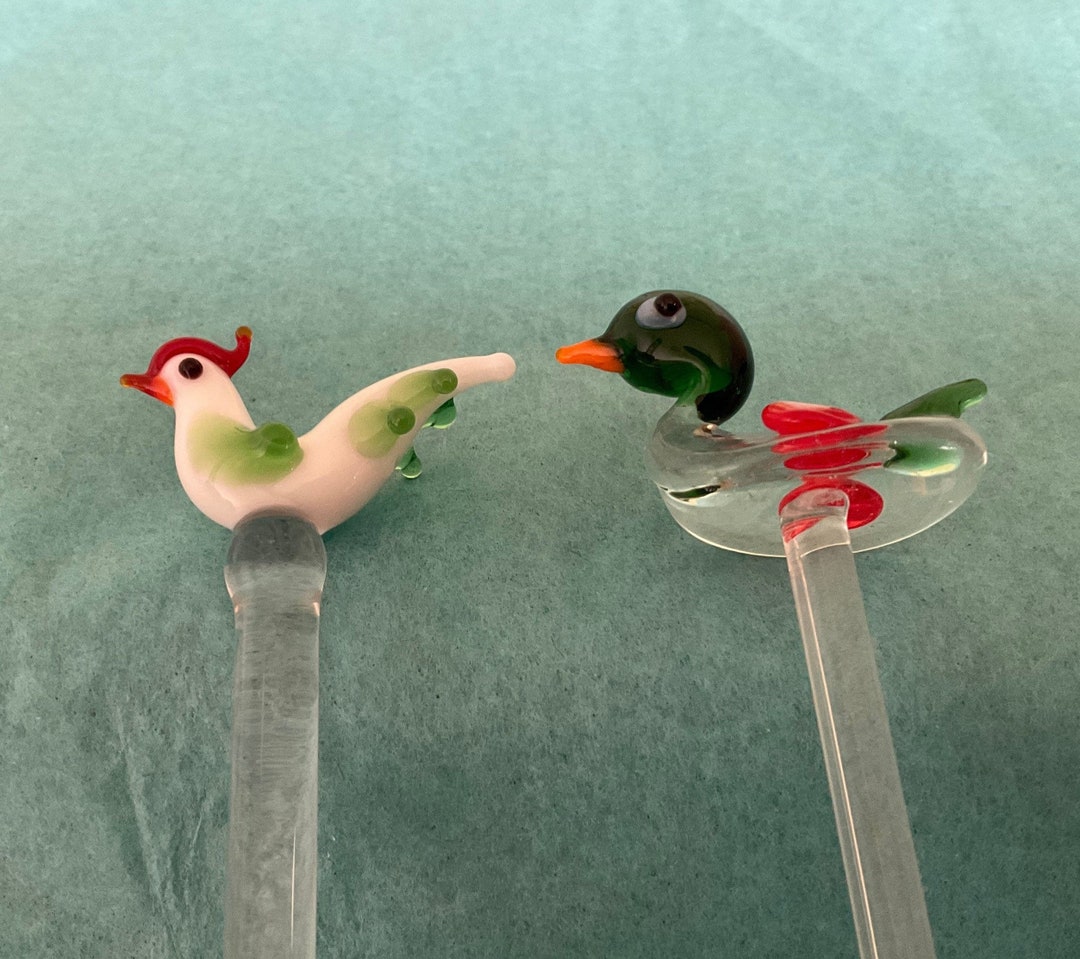 Rare Vintage Glass Drink Stirrers Pair, Cocktail Stirrers, Two Birds ...