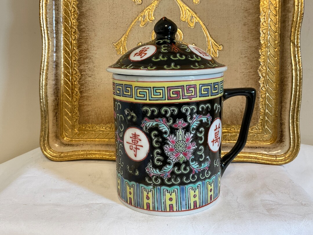 Large Vintage Chinese Mug With Lid, Oriental Mug, Large Chinese Teacup ...