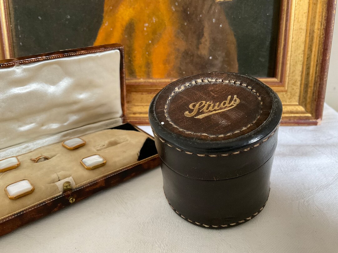 Delightful Vintage Brown Real Leather Stitched Stud Box, Jewellery Box ...