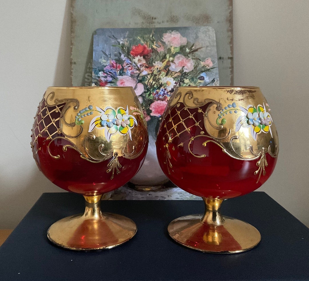 Large Rare Vintage Bohemian Ruby Red Venetian Murano Brandy Snifters ...