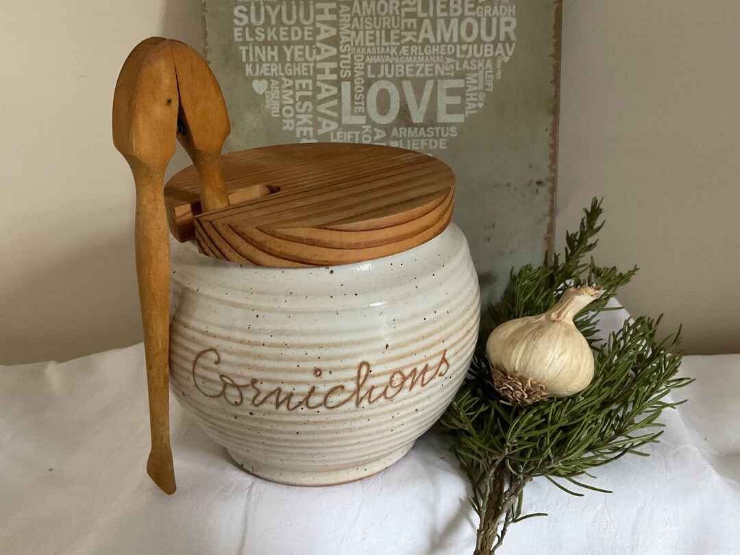 Large Vintage French Cornichon Pot, Pickle Pot, With Olive Wood Pickle ...