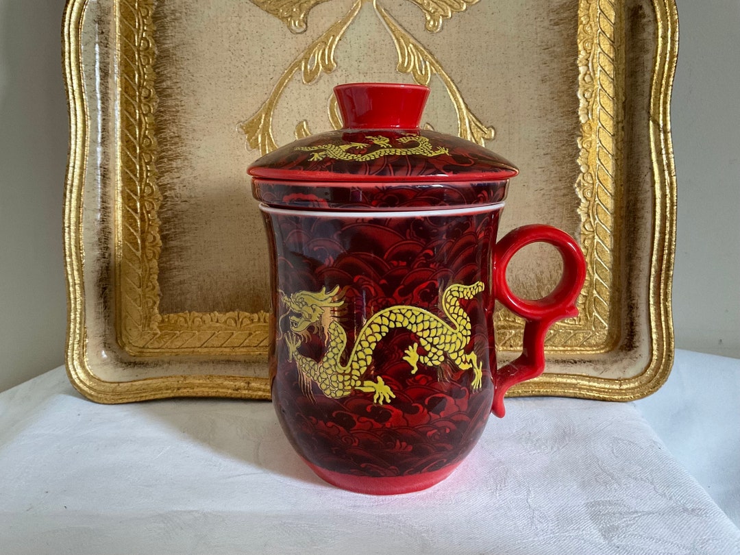 Vintage Dragon Porcelain Teacup With Lid and Infuser to Brew Tea, Great ...
