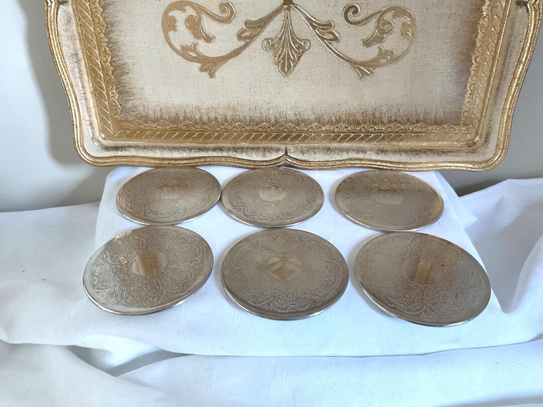 Vintage Set of Six Engraved Silver Plated Coasters , Cocktail Art ...
