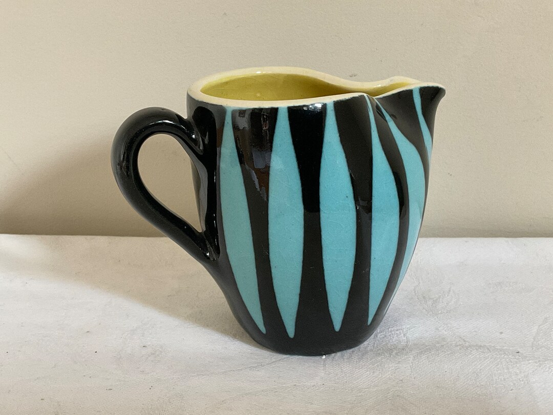 Vintage Studio Pottery Hand Painted Glazed Turquoise and Black Striped ...