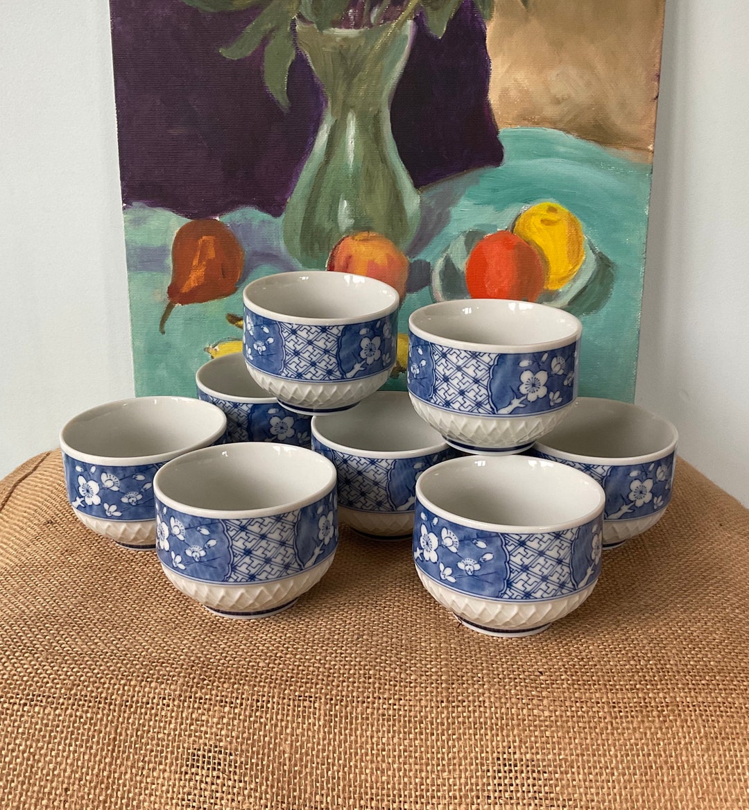 Vintage Japanese Tea Cup Pair, Tea Ceremony, Blue and White Latticed ...