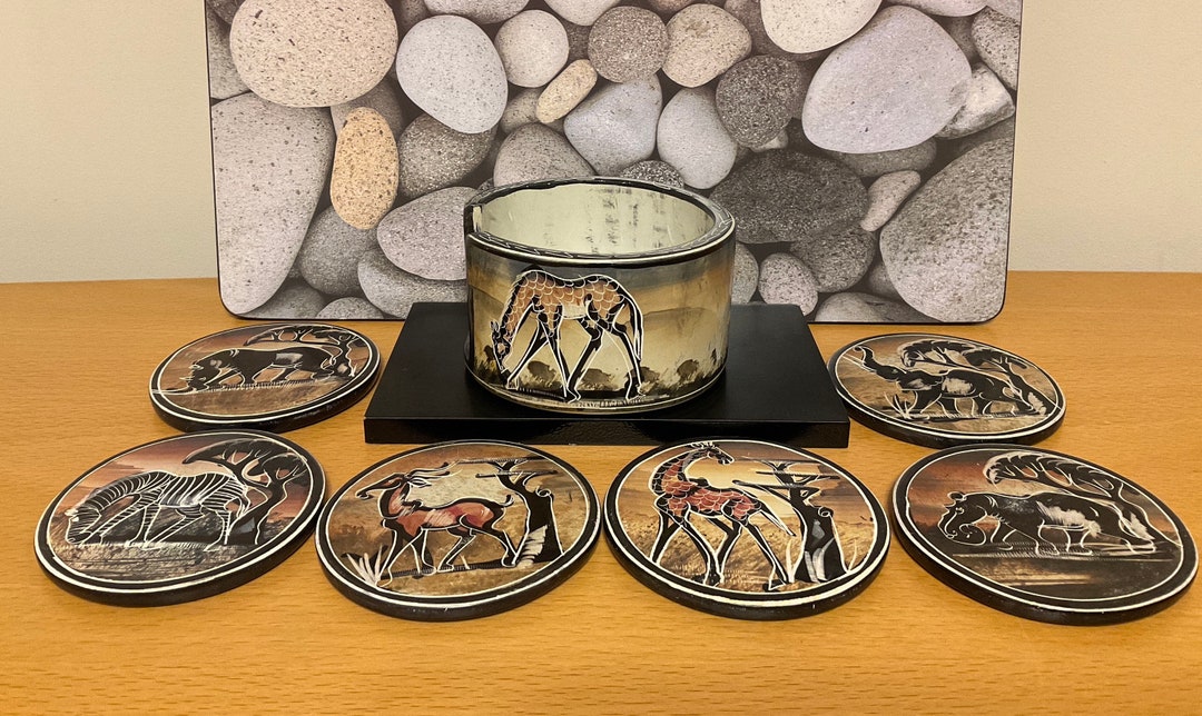 Soapstone Coaster Set of 6, Hand Crafted by Artisans, Sunrise on Safari ...