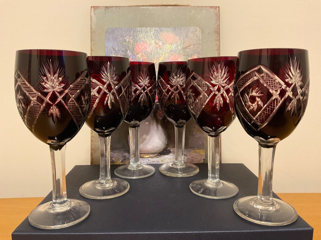 Rare and Elegant Set of Six Bohemian Deep Red Crystal Goblets/ Glasses ...