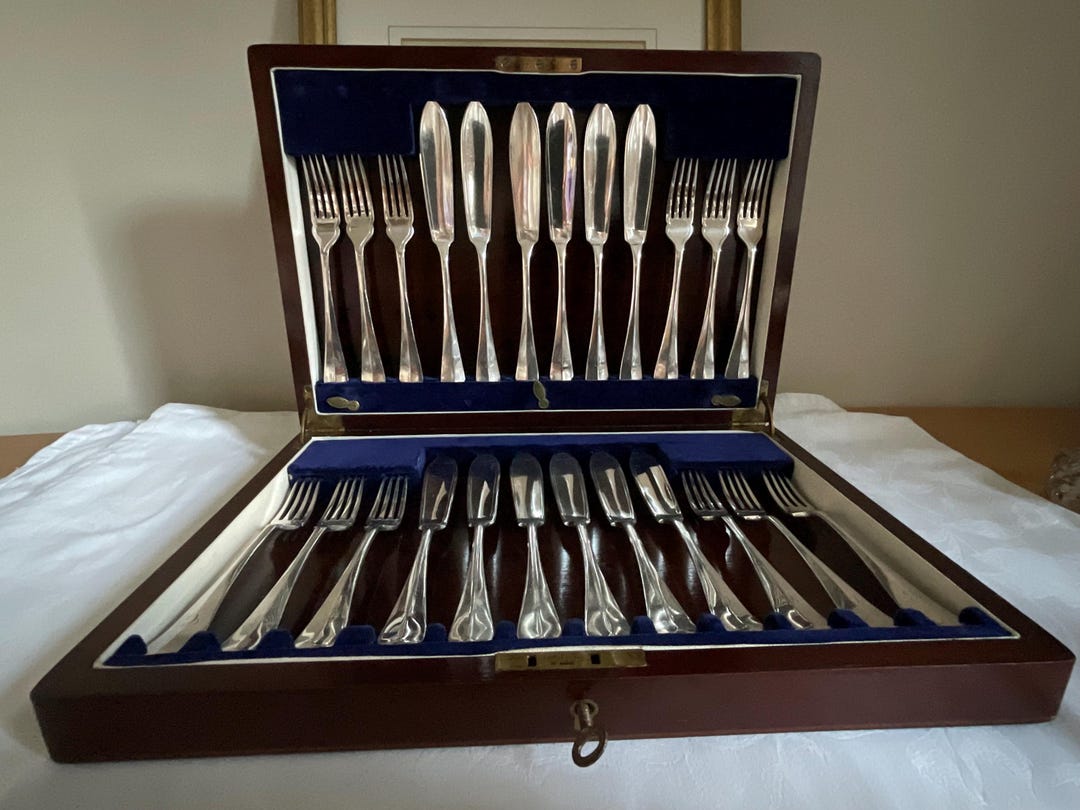 Antique Martin Hall Silver Plated Fish Cutlery Set, Monogrammed C, 12 ...