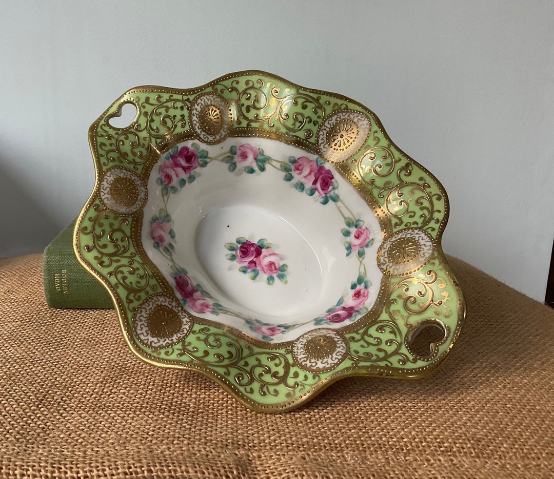 Antique Noritake Maruki Bon Bon Dish, Hand Painted Roses, Raised Gold ...
