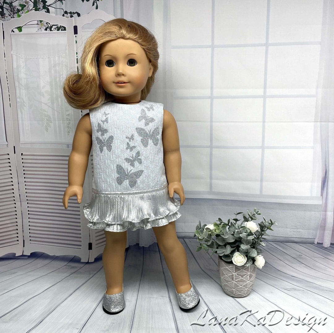 Light Blue Doll Dress: Silver Butterfly Appliqué, Fits 18" American ...