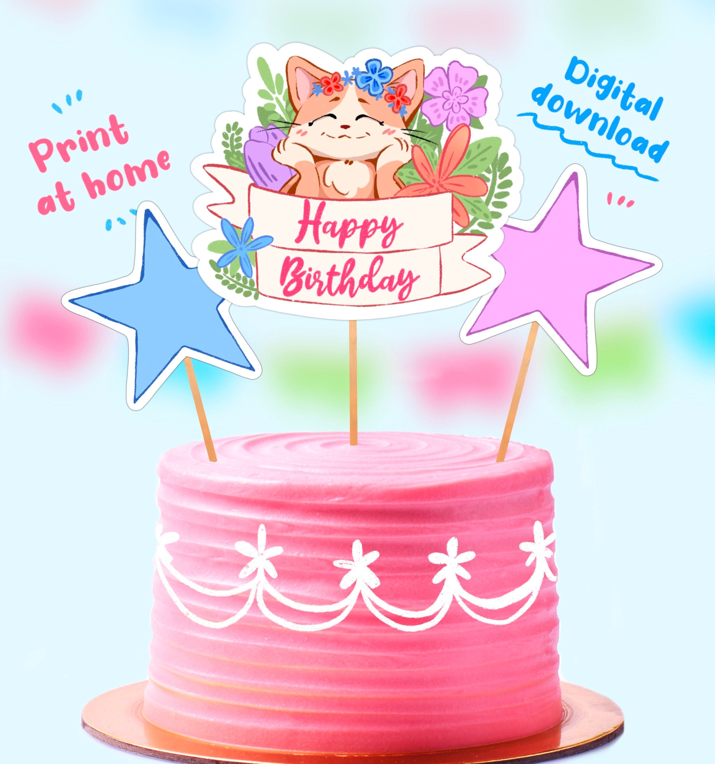 Kitty Cake Topper, Kitty Birthday Party, Cat Cake Topper, Stars Cake ...