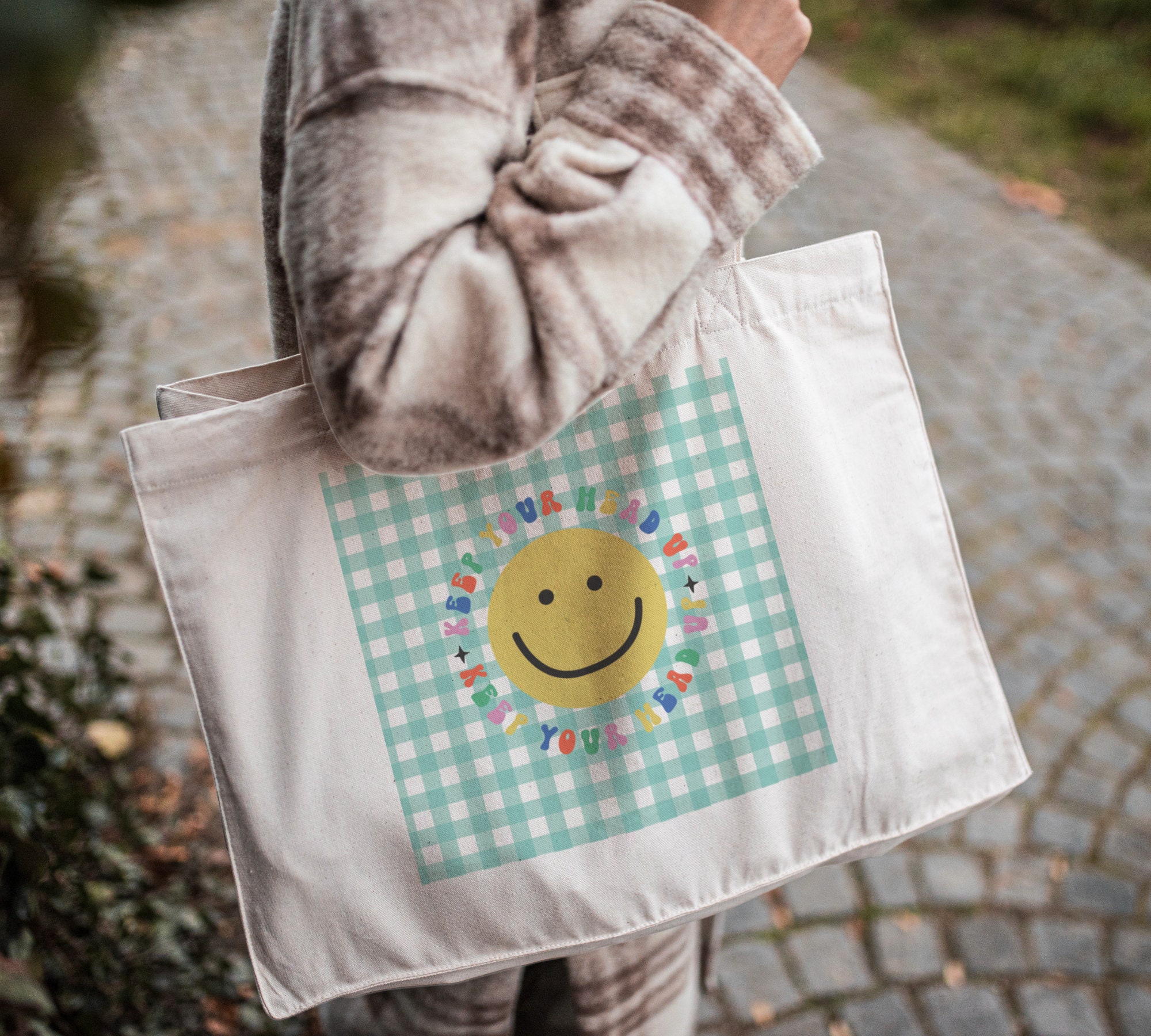 Retro Tote Bag Self Care Maximalist Style Keep Your Chin Up - Etsy