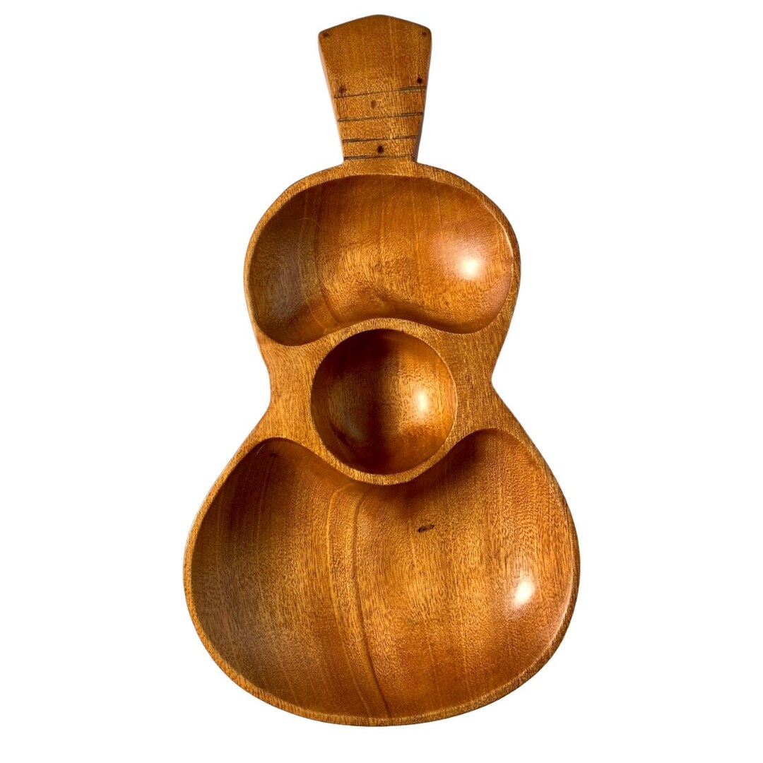 Hand Carved Wood Snack Bowl Tiki Bar Nut Dish Ukelele Shaped Hawaiian ...