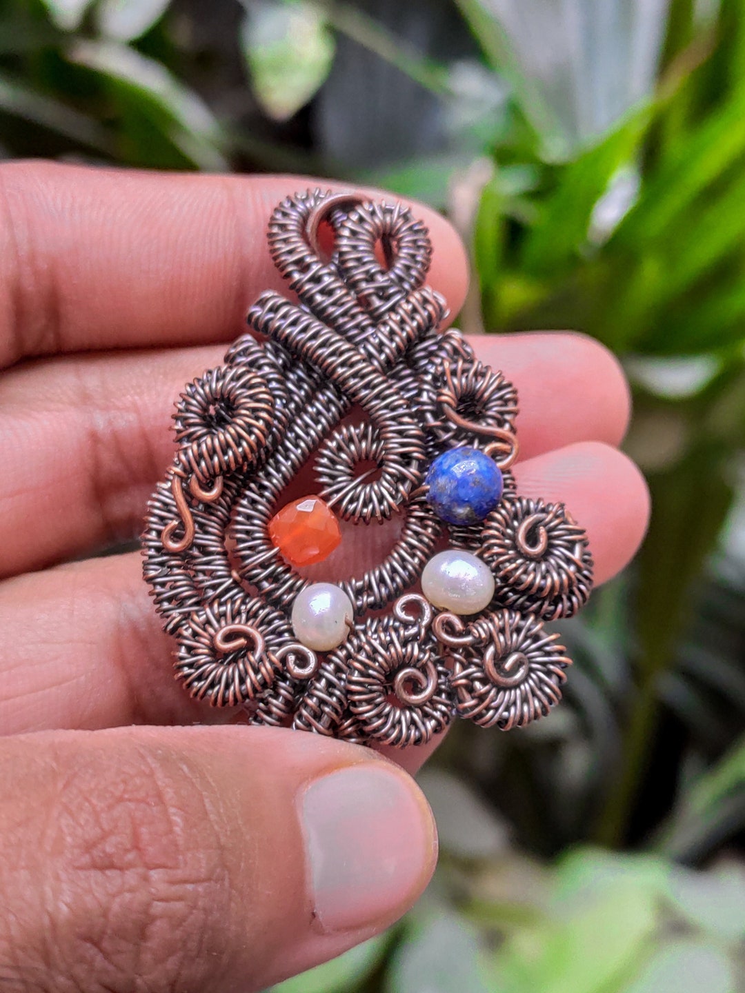 Steampunk Styled Carnelian Lapis and Pear Wire Wrapped Pendant, Wire ...