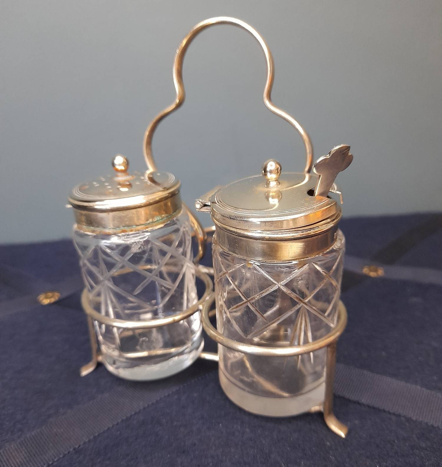 Antique Victorian Cruet Set on Metal Caddy - Salt Shaker / Mustard Pot ...