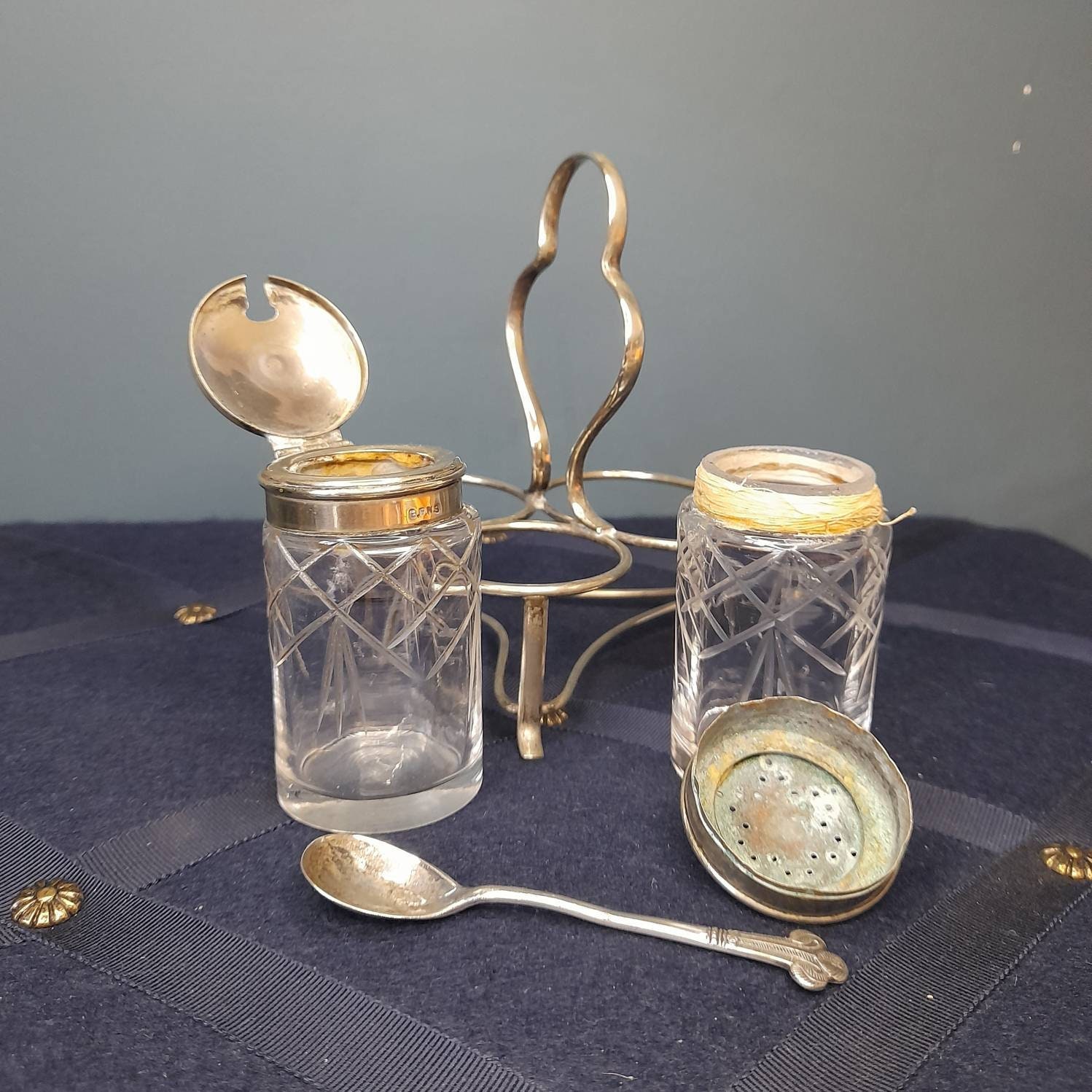 Antique Victorian Cruet Set on Metal Caddy - Salt Shaker / Mustard Pot ...