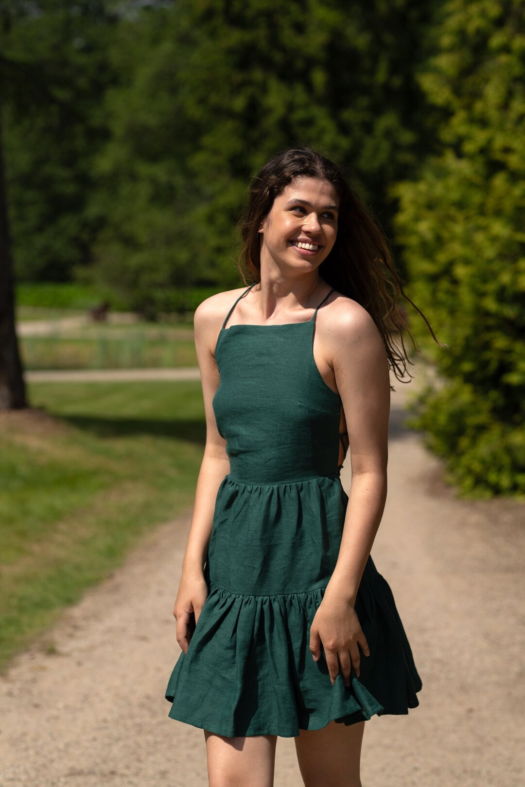 Short Flowy Linen Dress With Hand Ruffled Tiered Skirt, Custom Length ...