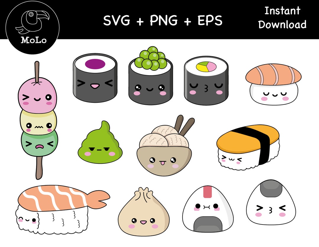 Sushi Kawaii Layered Clipart, Cute Sushi Bundle, PNG, EPS, SVG, Nigiri ...