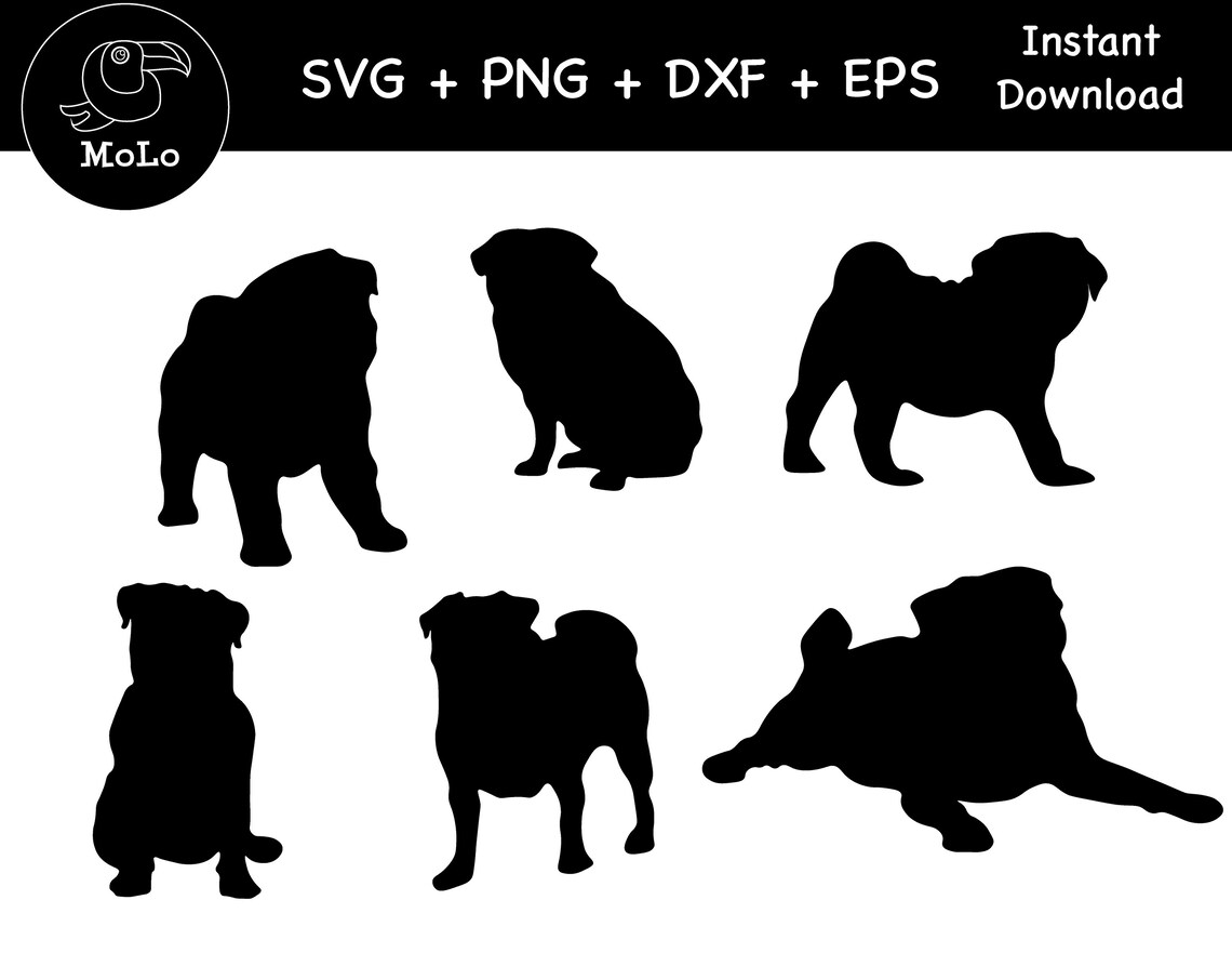 Pug Dog Bundle Black Pug Dog Decal SVG PNG DXF Silhouette - Etsy