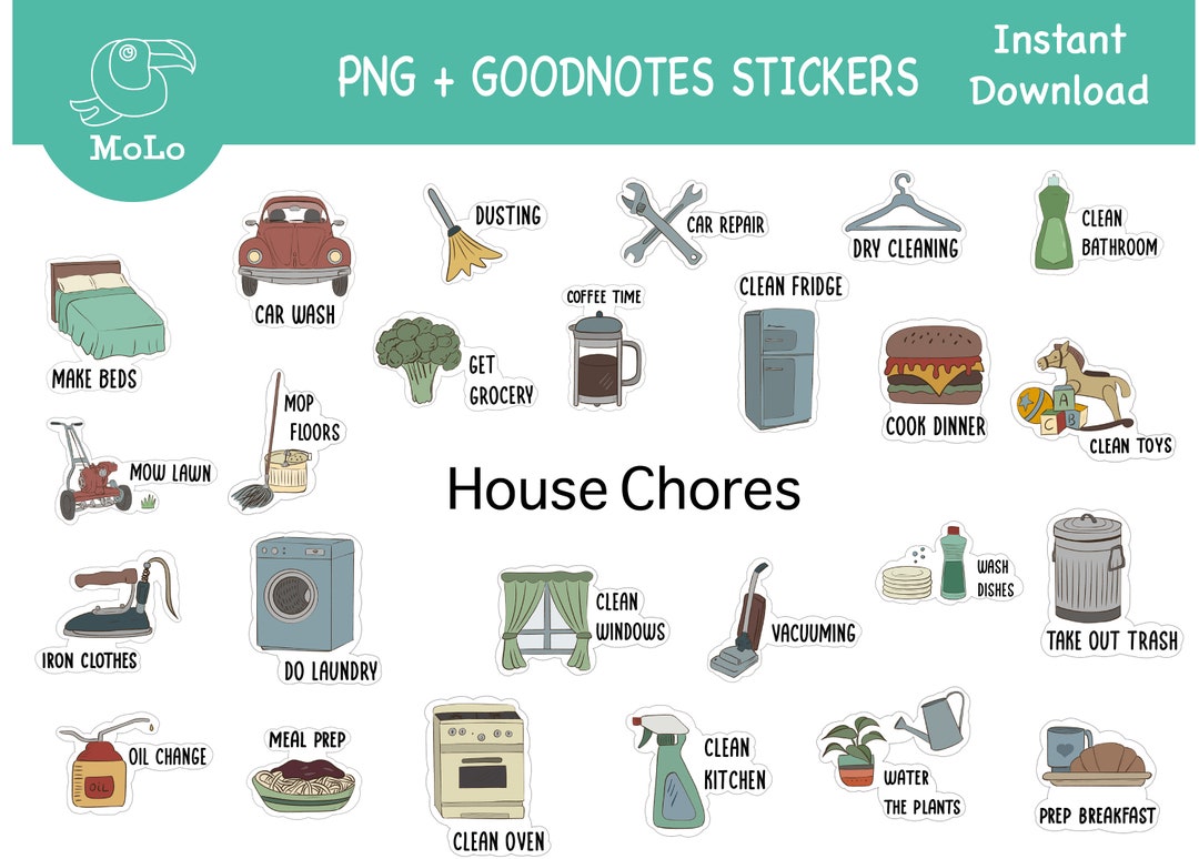 House Chores Stickers, Png, Goodnotes Precropped, Hand Drawn Retro ...