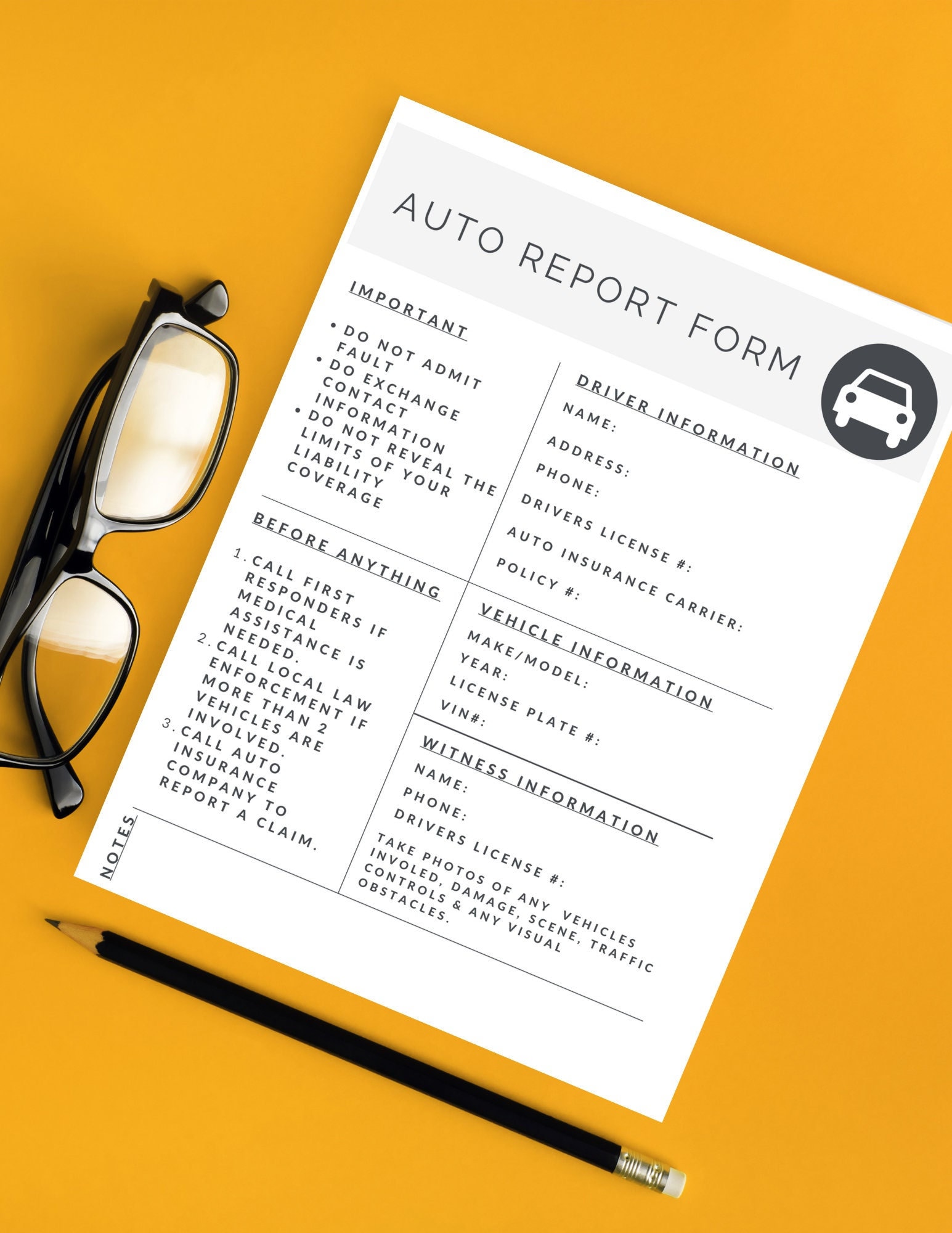 Auto Report Form Printable | Accident Fill Out Sheet | Emergency ...