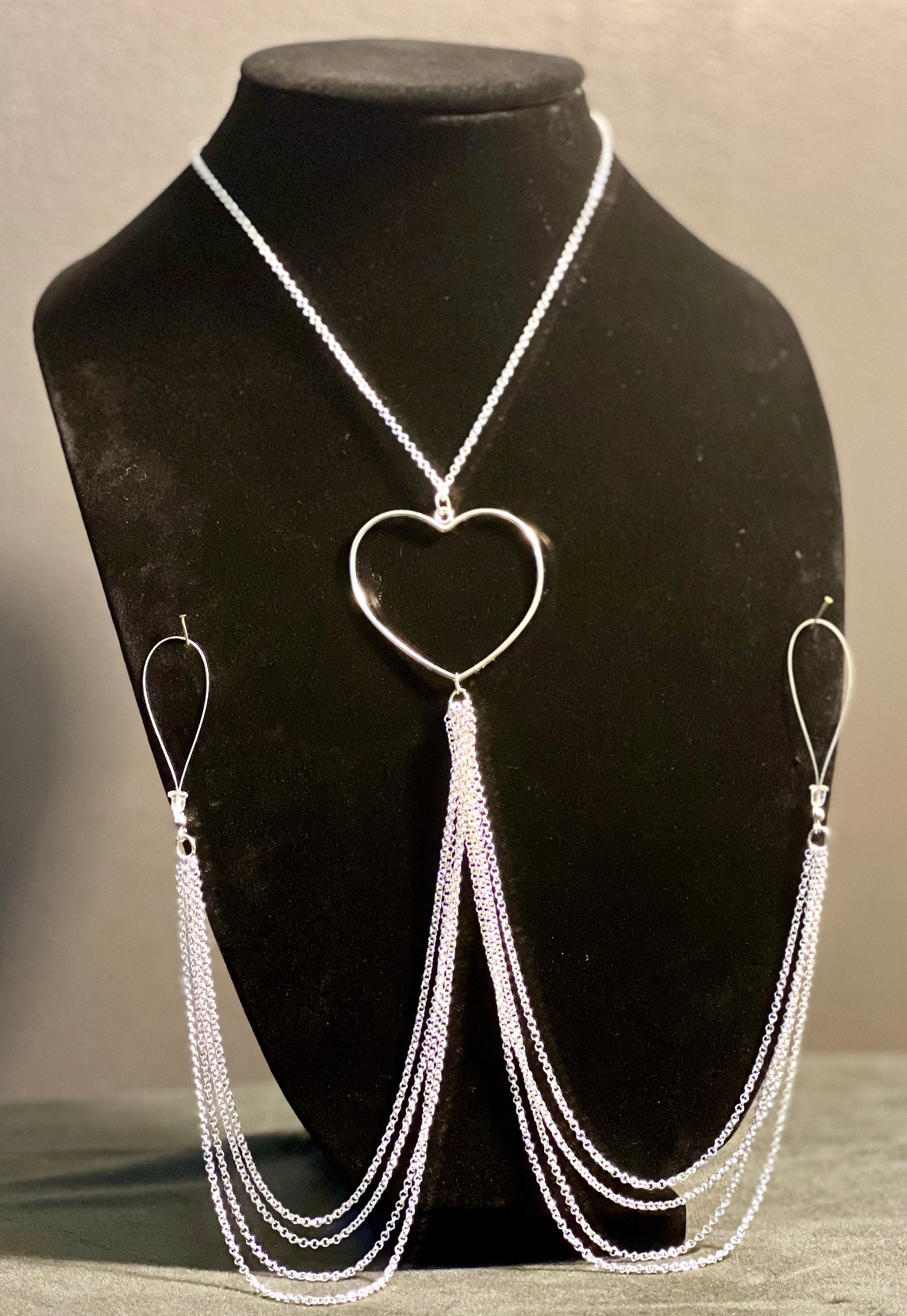 Silver Heart Nipple Necklace Non Piercing Nipple Jewelry Nipple Chain