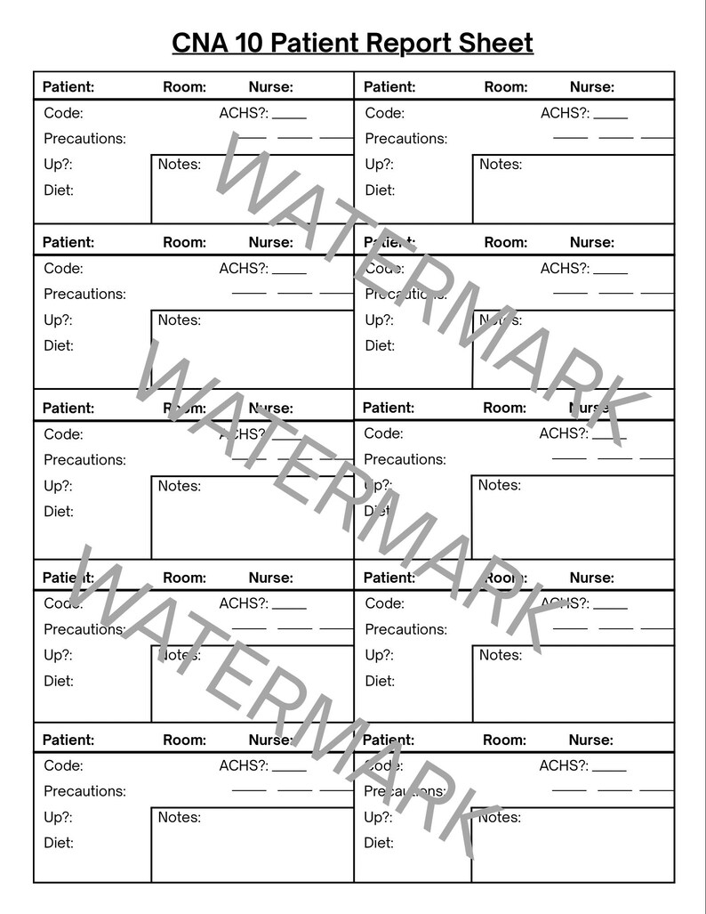 CNA 10 Patient Report Sheet - Etsy