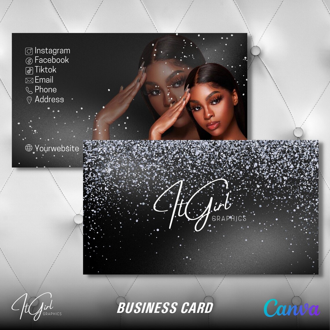 Editable Black Silver Business Card Silver Sparkle Business - Etsy