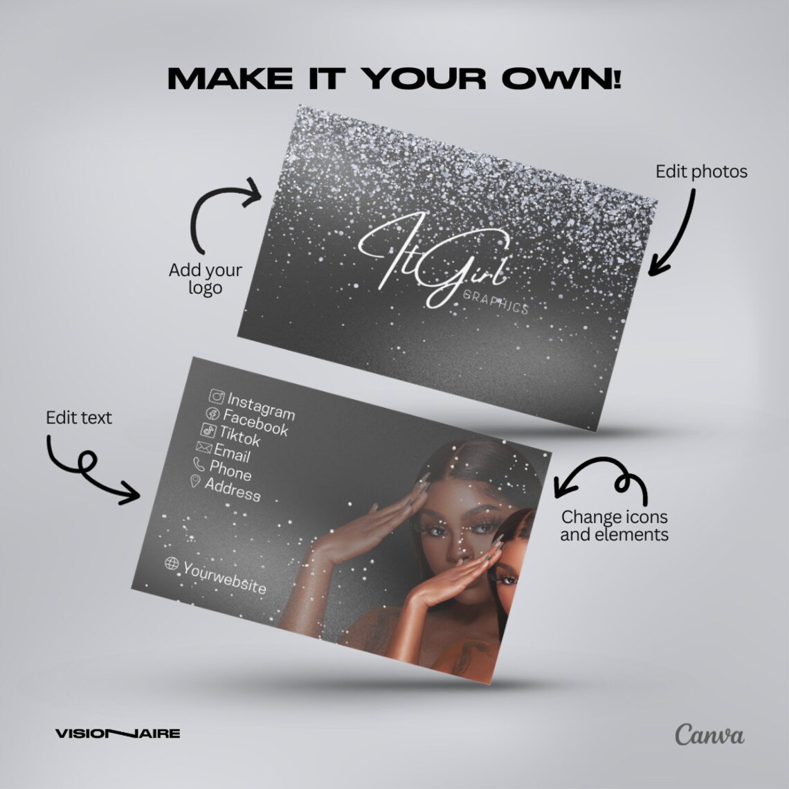 Editable Black Silver Business Card - Silver Sparkle Business Card ...
