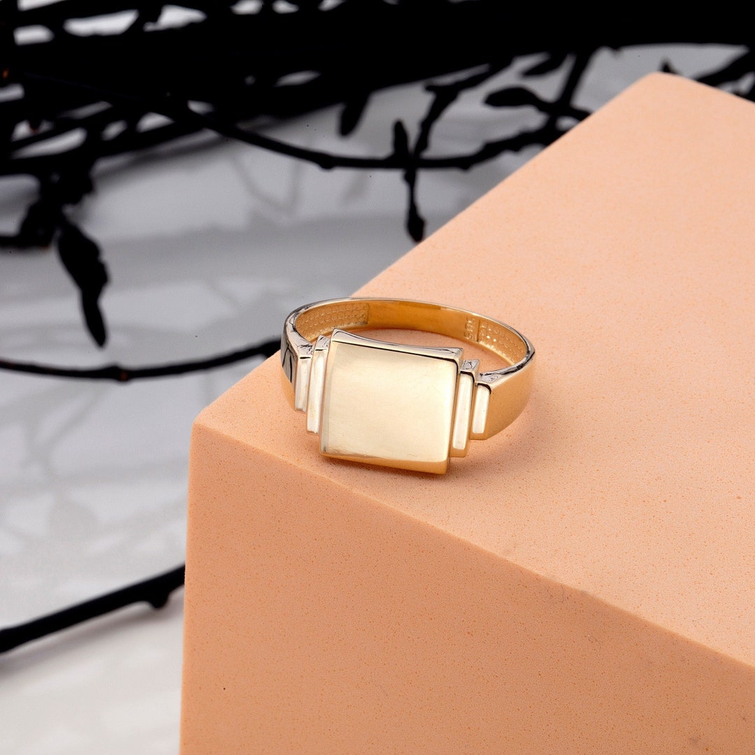 14K Solid Gold Signet Ring, 14k Gold Thick Engraveable Stackable Band ...