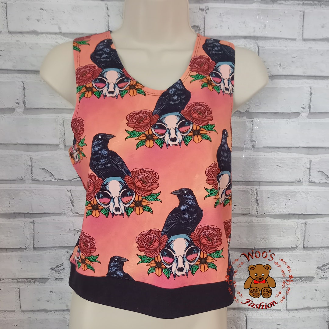Floral Skull Crop Top, Raven and Skull Crop Top, Goth Clothing, Vest ...