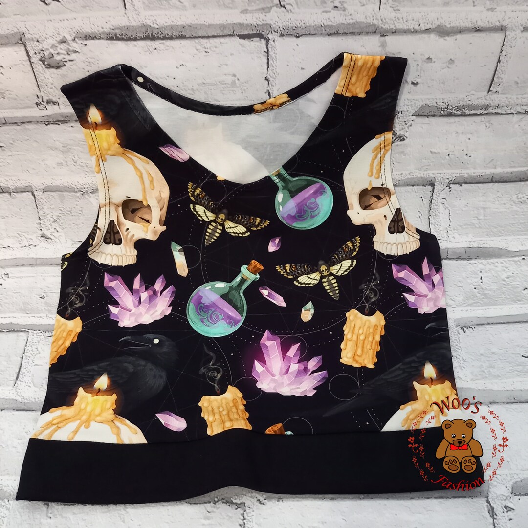 Goth Crop Top, Ladies Crop Top, Skulls Butterflies and Potions, Cotton ...