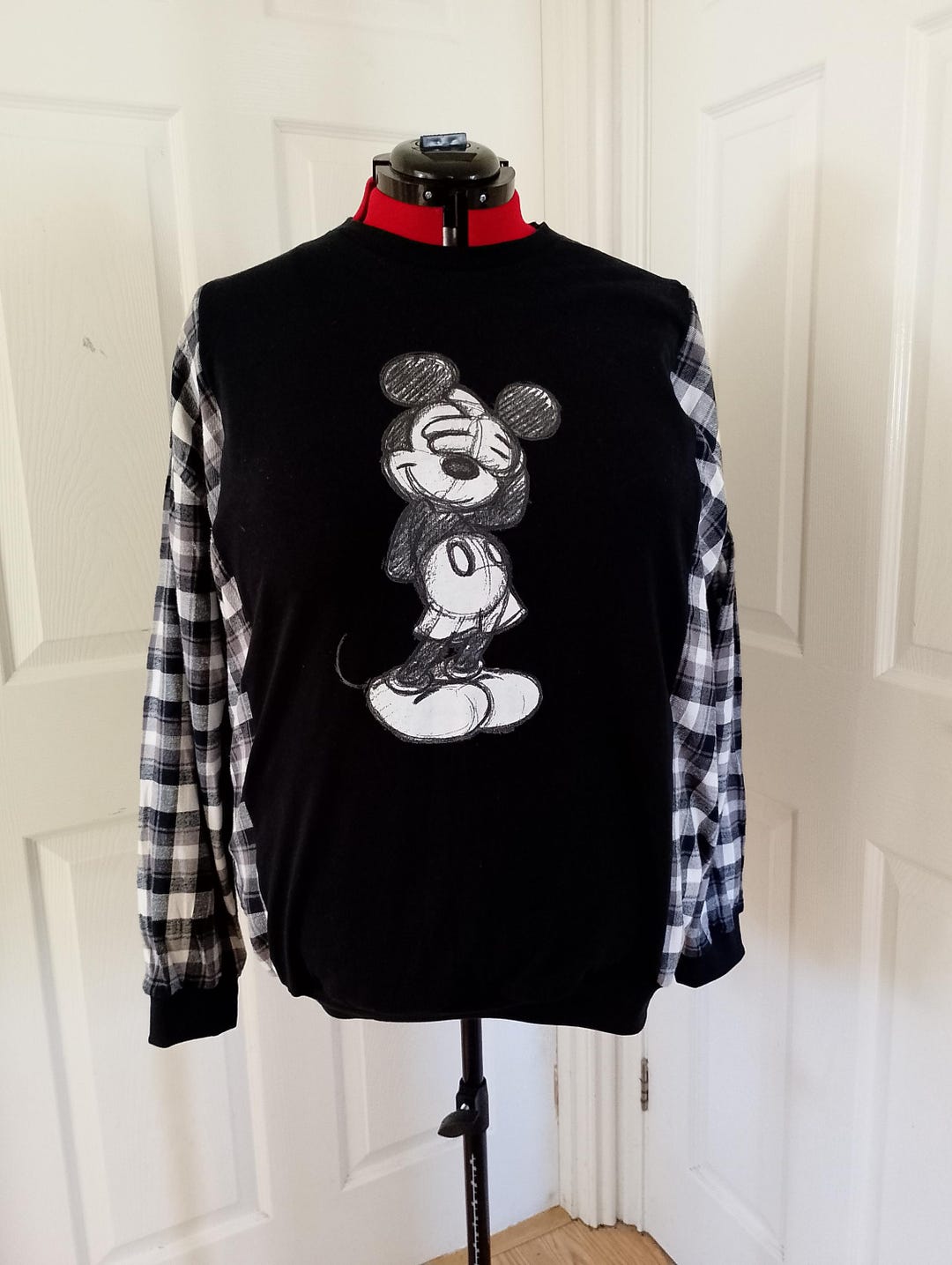 Black and White Check Rework Flannel Sweater, Mickey Mouse Reworked ...
