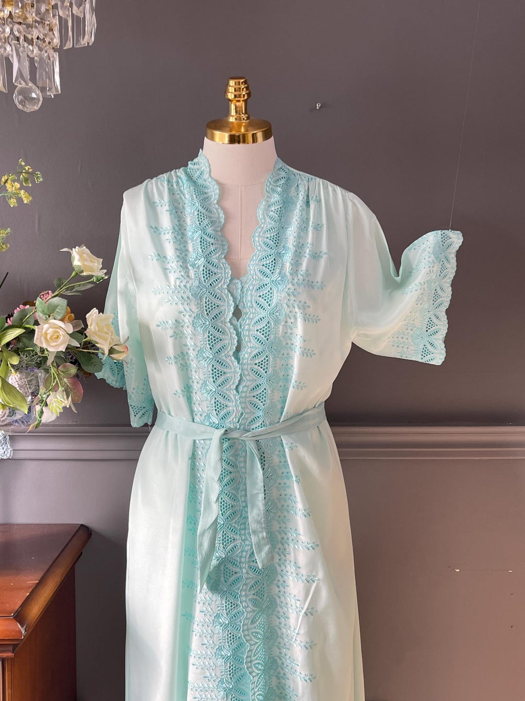 Vintage 1980s Turquoise Silk Nightgown & Robe Set, Embroidered Lingerie ...