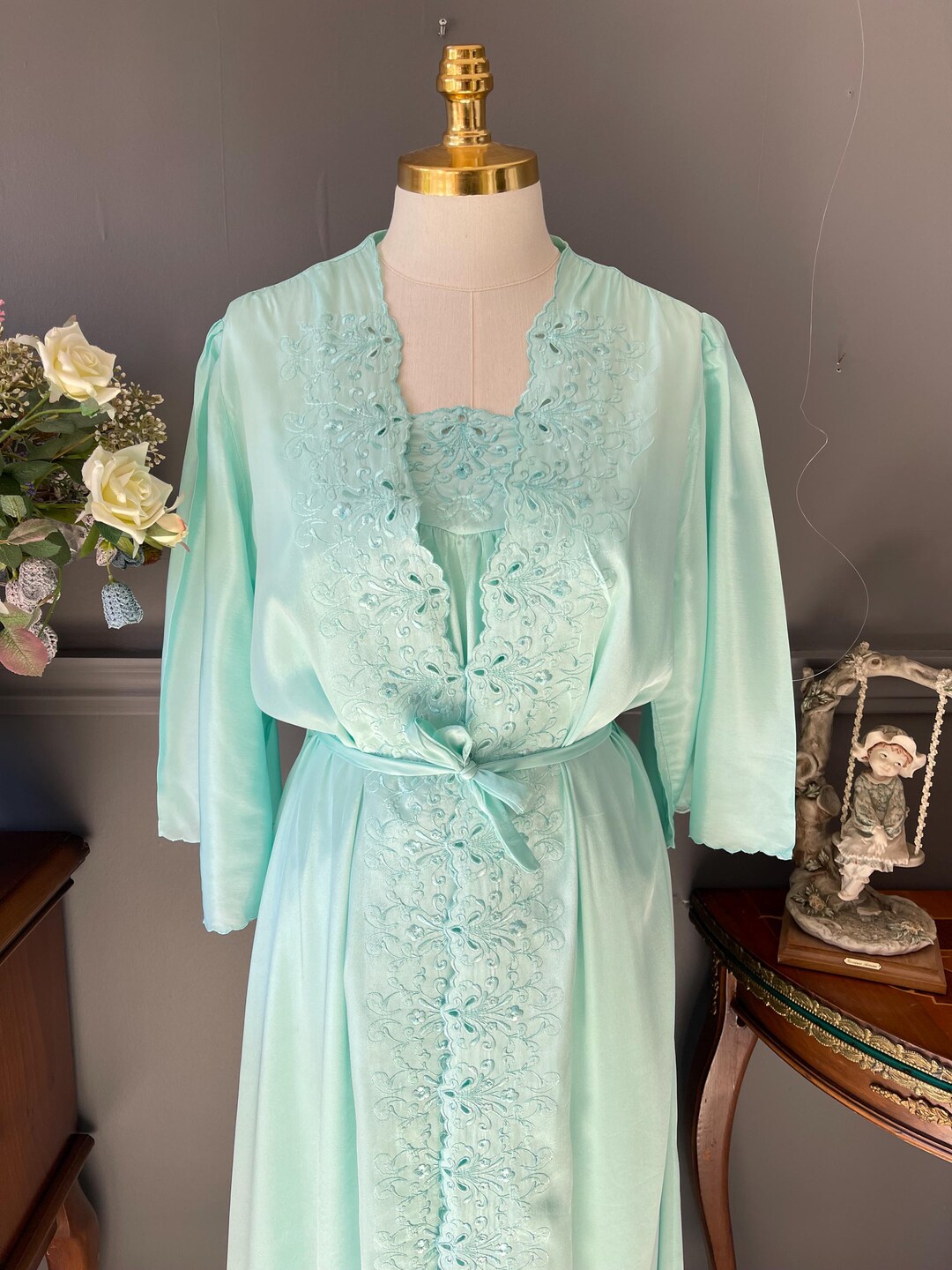 Vintage Turquoise Silk Nightgown & Robe Set 1980s Embroidered Lingerie ...